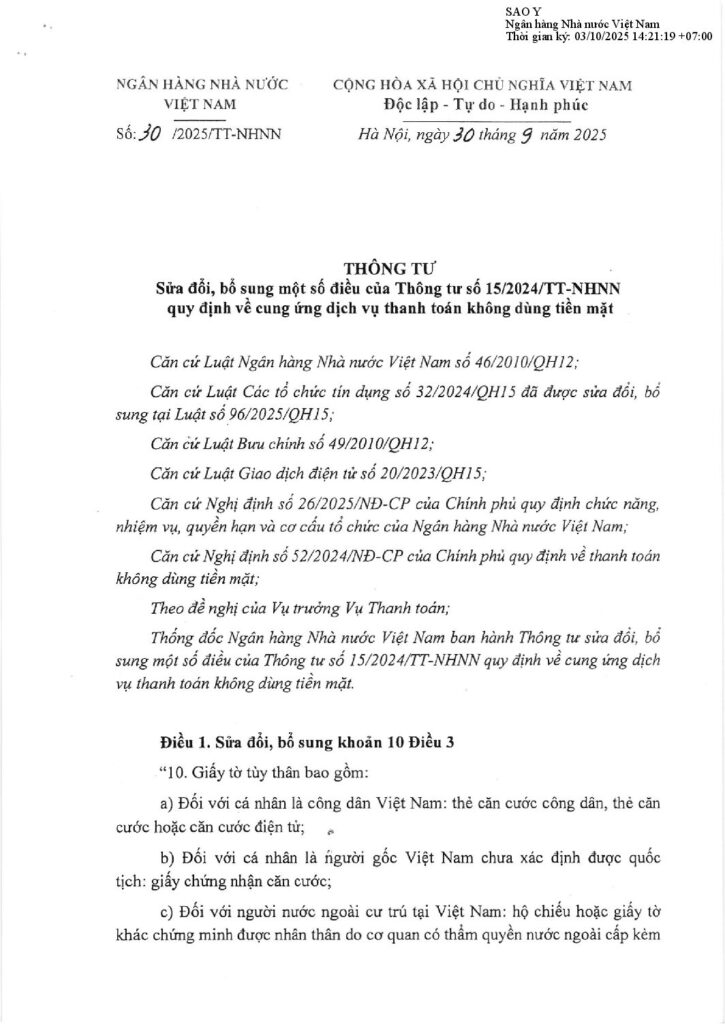 Thông tư số 30/2025/TT-NHNN của Ngân hàng Nhà nước Việt Nam: Sửa đổi ...