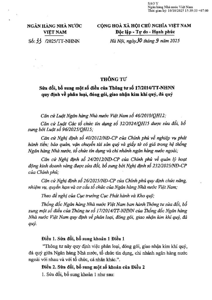 Thông tư số 33/2025/TT-NHNN của Ngân hàng Nhà nước Việt Nam: Sửa đổi ...