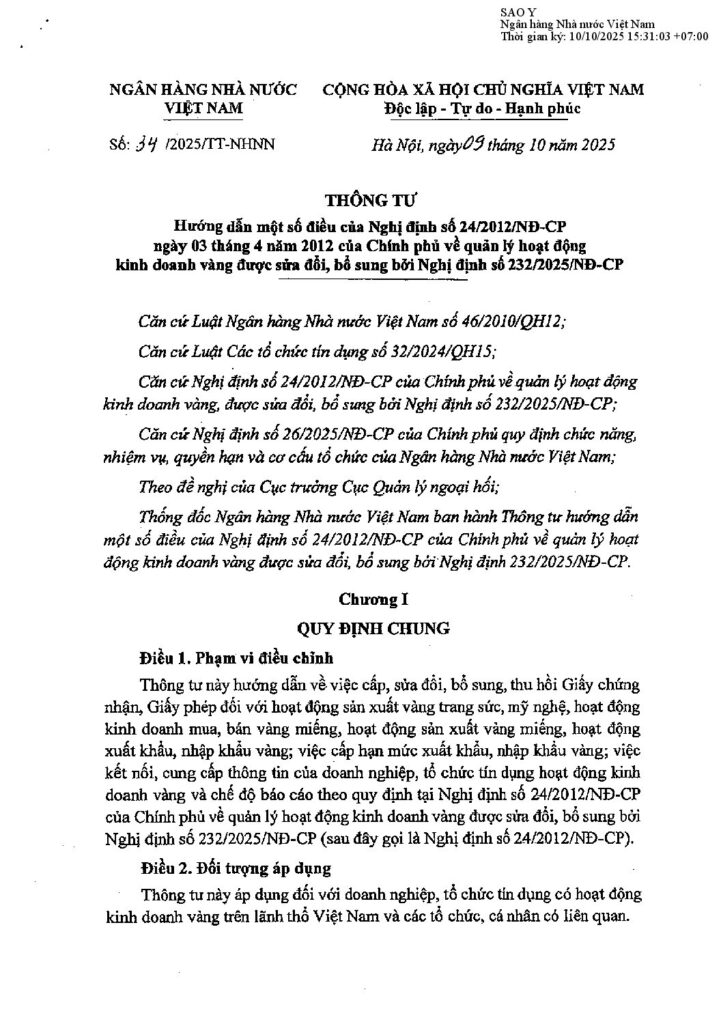 Thông tư số 34/2025/TT-NHNN của Ngân hàng Nhà nước Việt Nam: Hướng dẫn ...
