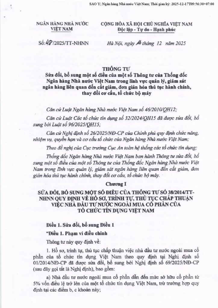 Thông tư số 48/2025/TT-NHNN của Ngân hàng Nhà nước Việt Nam: Sửa đổi, bổ sung một số điều của ...